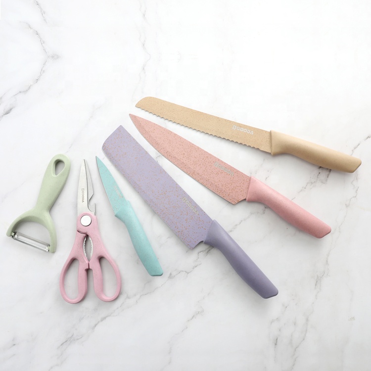 6 Pcs Stainless Steel Plastic Kitchen Knife Set Non-Stick Coating Blade ...