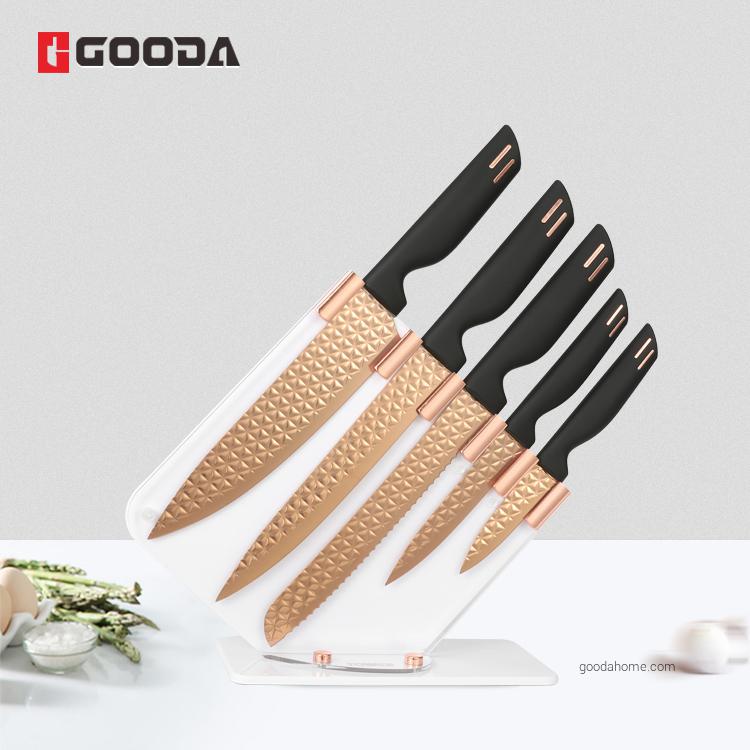 8 Piece Embossed Rose Gold Blade Kitchen Knife Set - Ouda