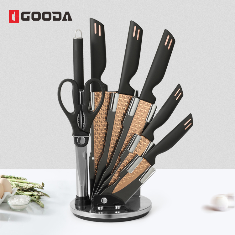 8 Piece Embossed Rose Gold Blade Kitchen Knife Set - Ouda